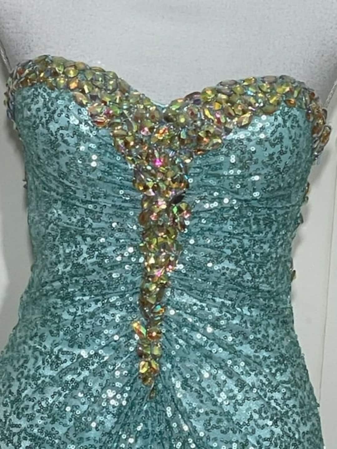 Aqua Sequin Gown With Gold Rhinestone Trim by Royal Queen Size: 4 - Etsy