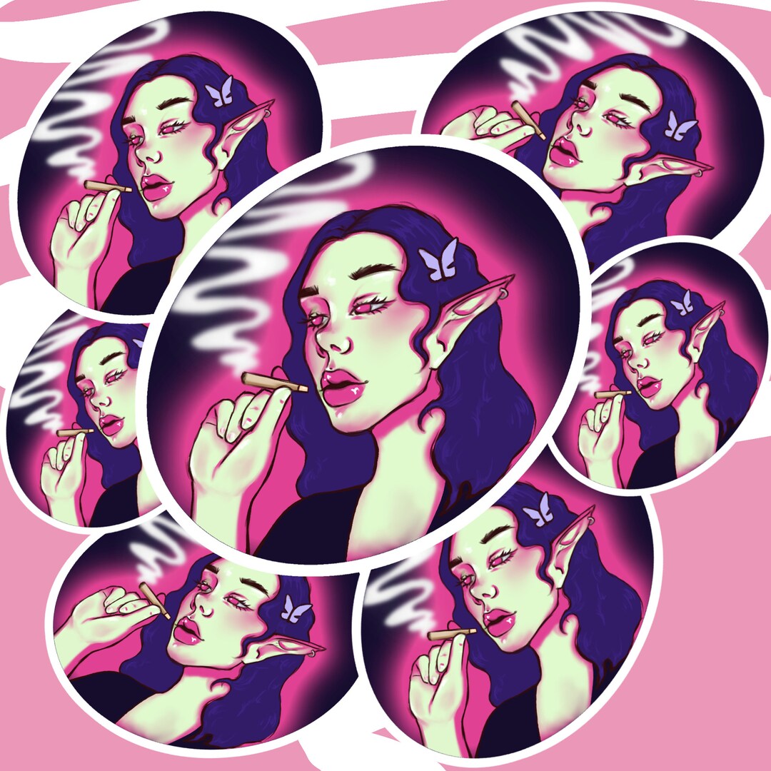 Pink Purple Elf Woman Smoking Decorative Sticker- Chill Sticker- - Etsy