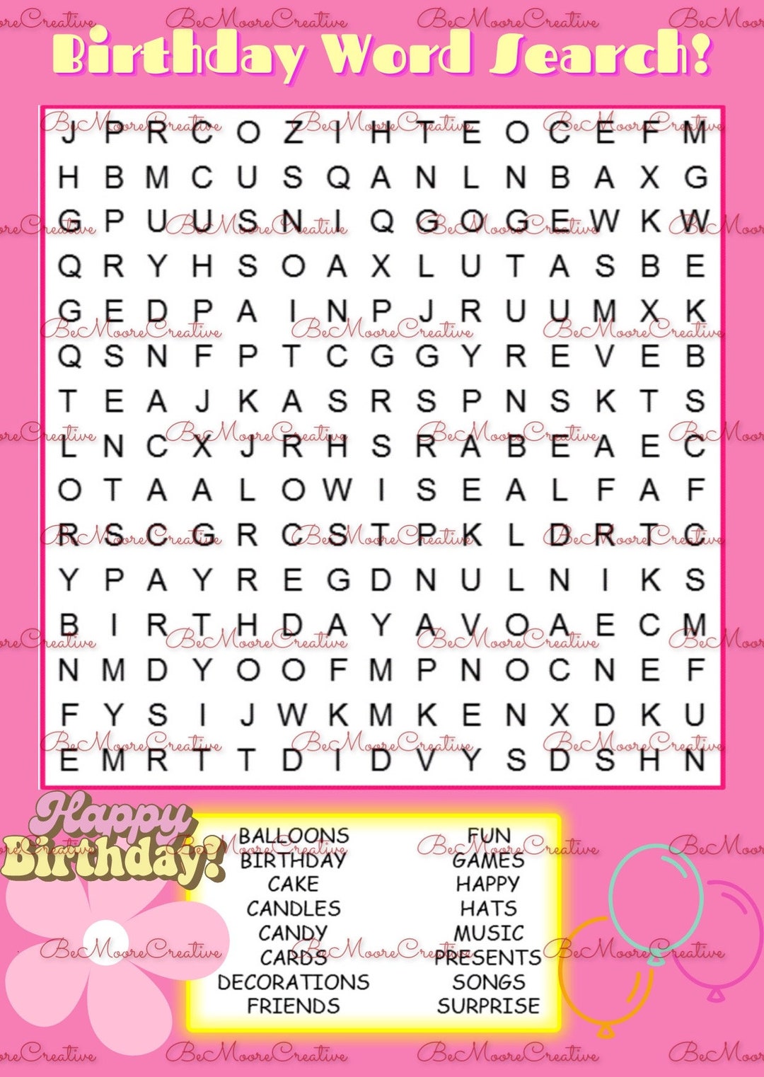 Printable Birthday Games for Girl (word Search) - Etsy