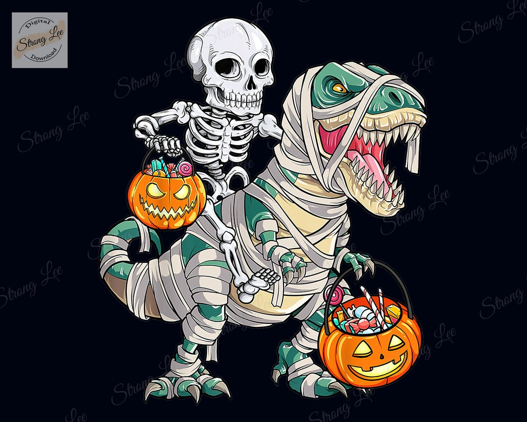 Skeleton Riding Mummy Dinosaur T-rex Halloween Png, Dinosaur Halloween ...