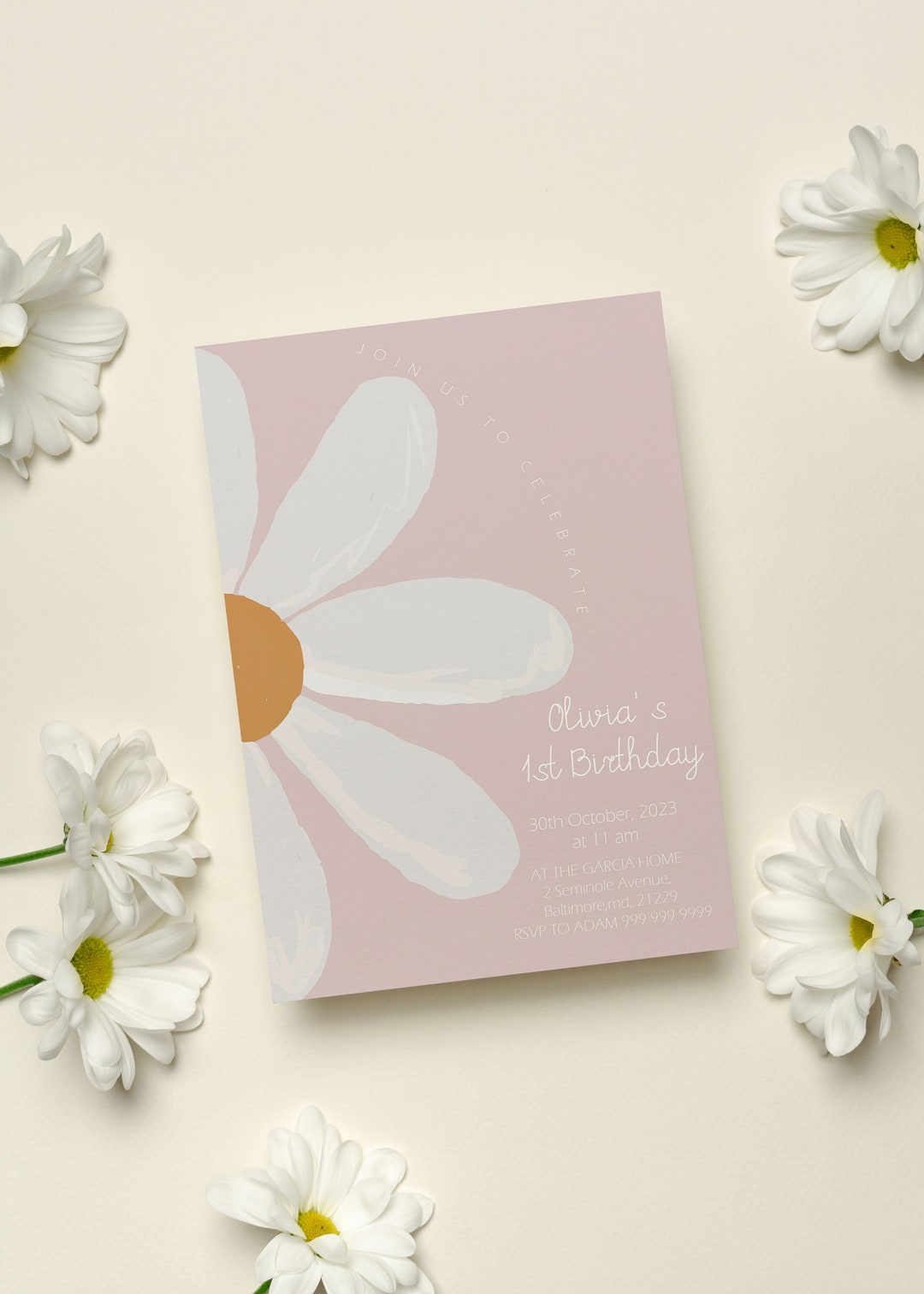 Daisy Birthday Pink Invitation Editable Template, Daisy Birthday Invite ...