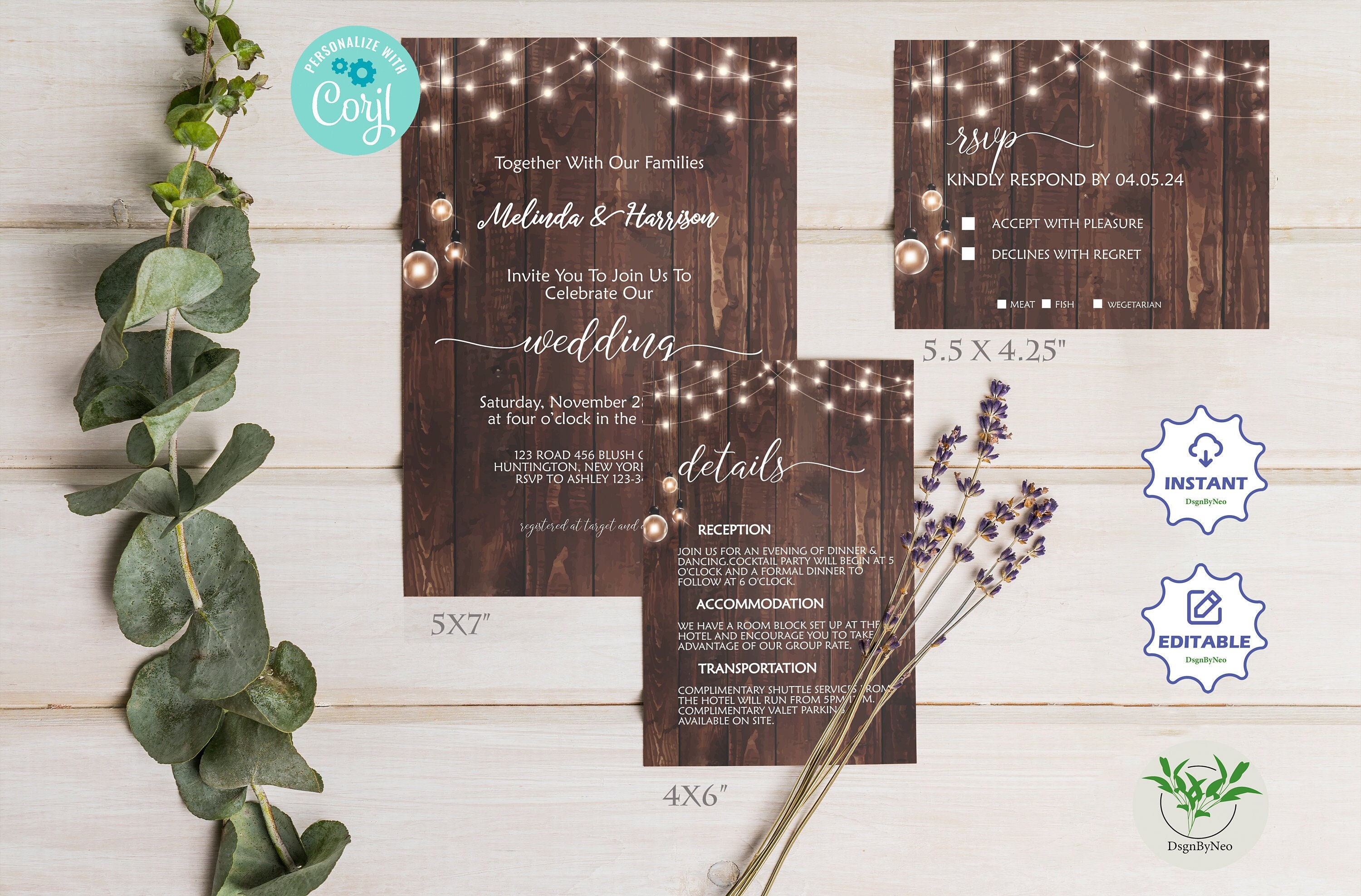 Rustic Wedding Invitation Set Template , Rustic Wood and Mason Lights ...