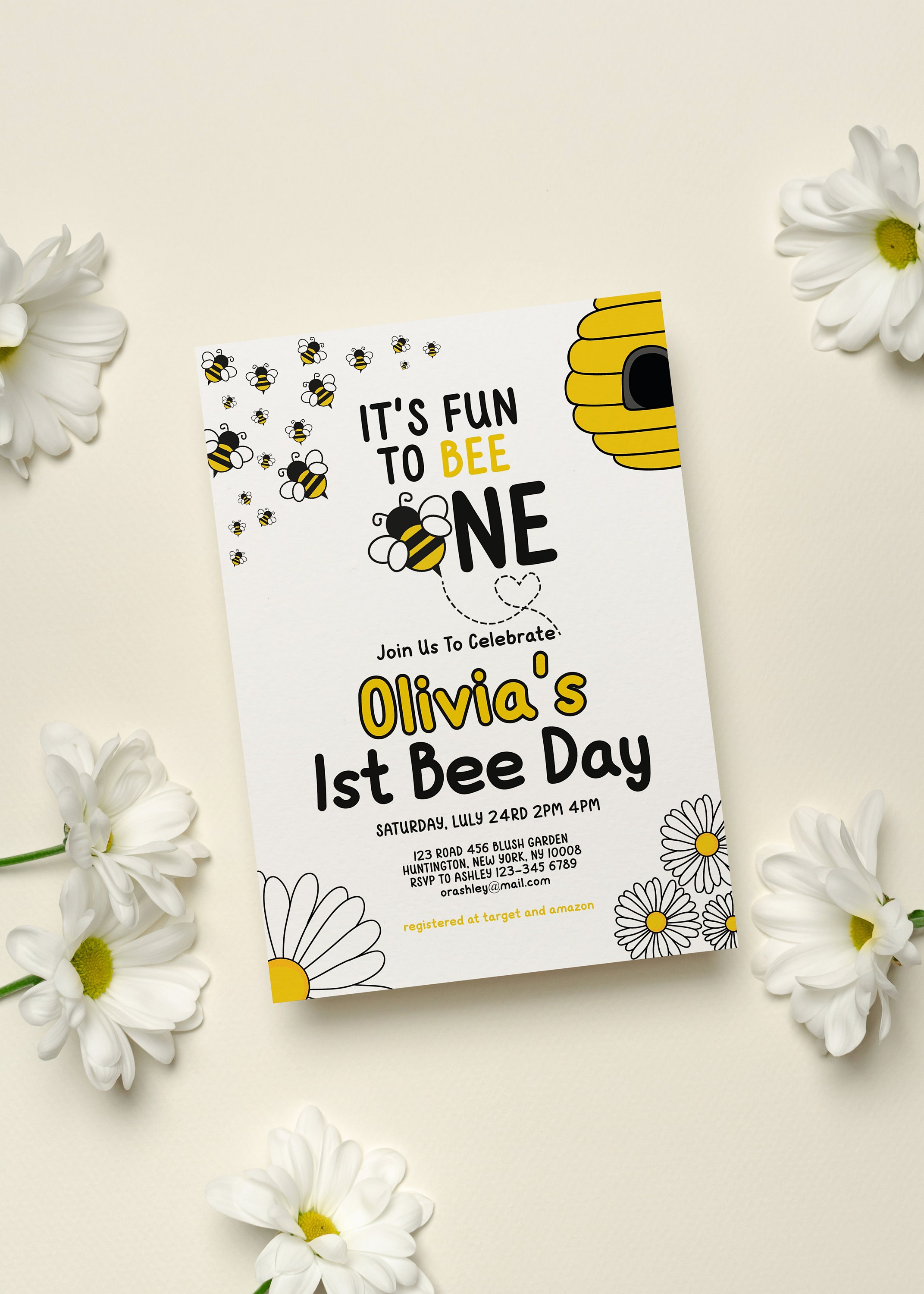 First Birthday Party Invitation Template, Fun to Bee One 1st Bee Day ...