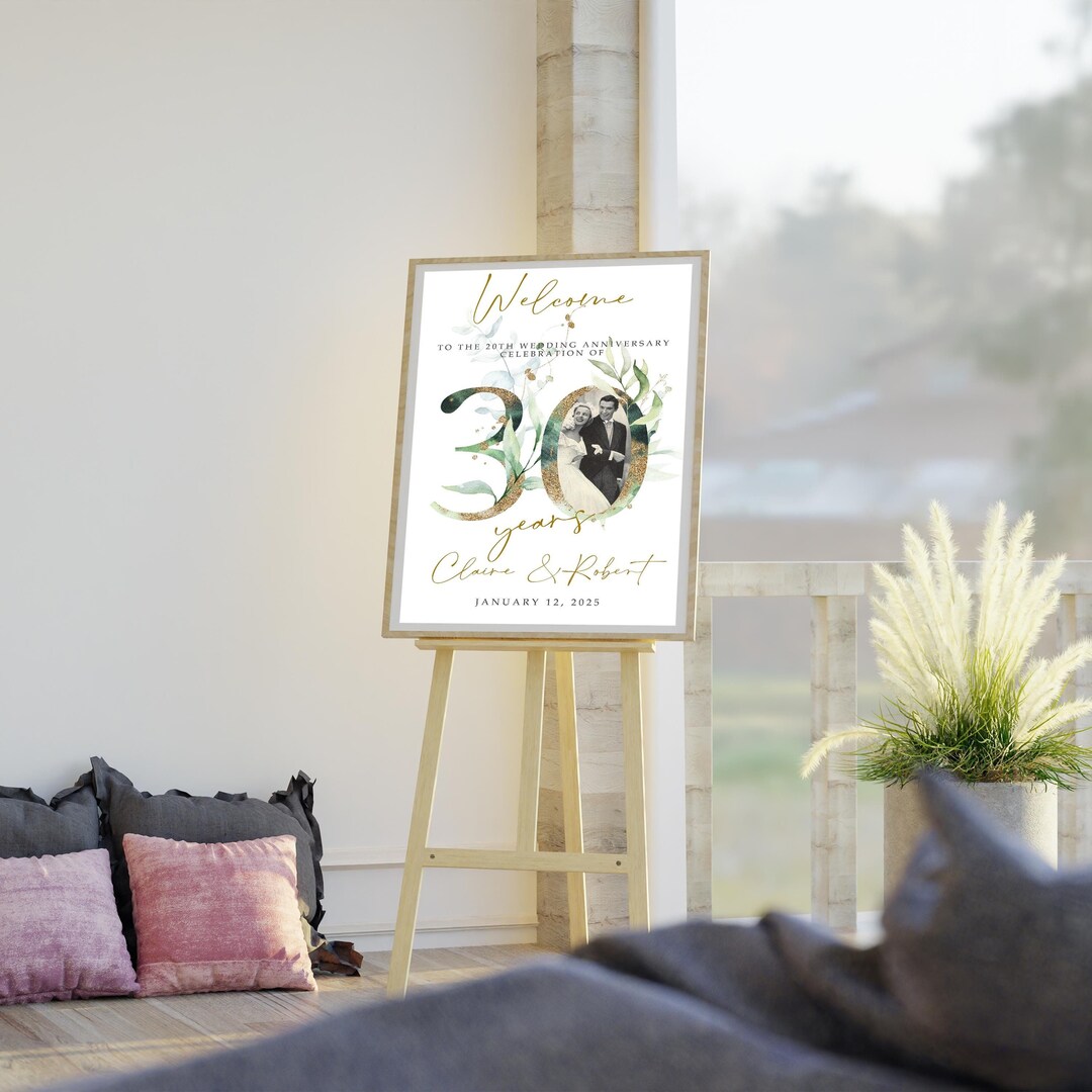 Gold Green Floral 30th Anniversary Welcome Sign Template, Photo Wedding ...