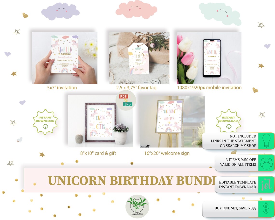 Unicorn Birthday Invitation Template With Photo, Unicorns Rainbows and ...