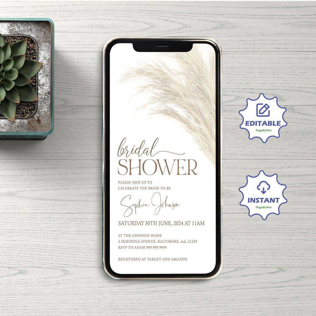 Digital Boho Bridal Shower Invitation Template, Pampas Grass Bridal ...