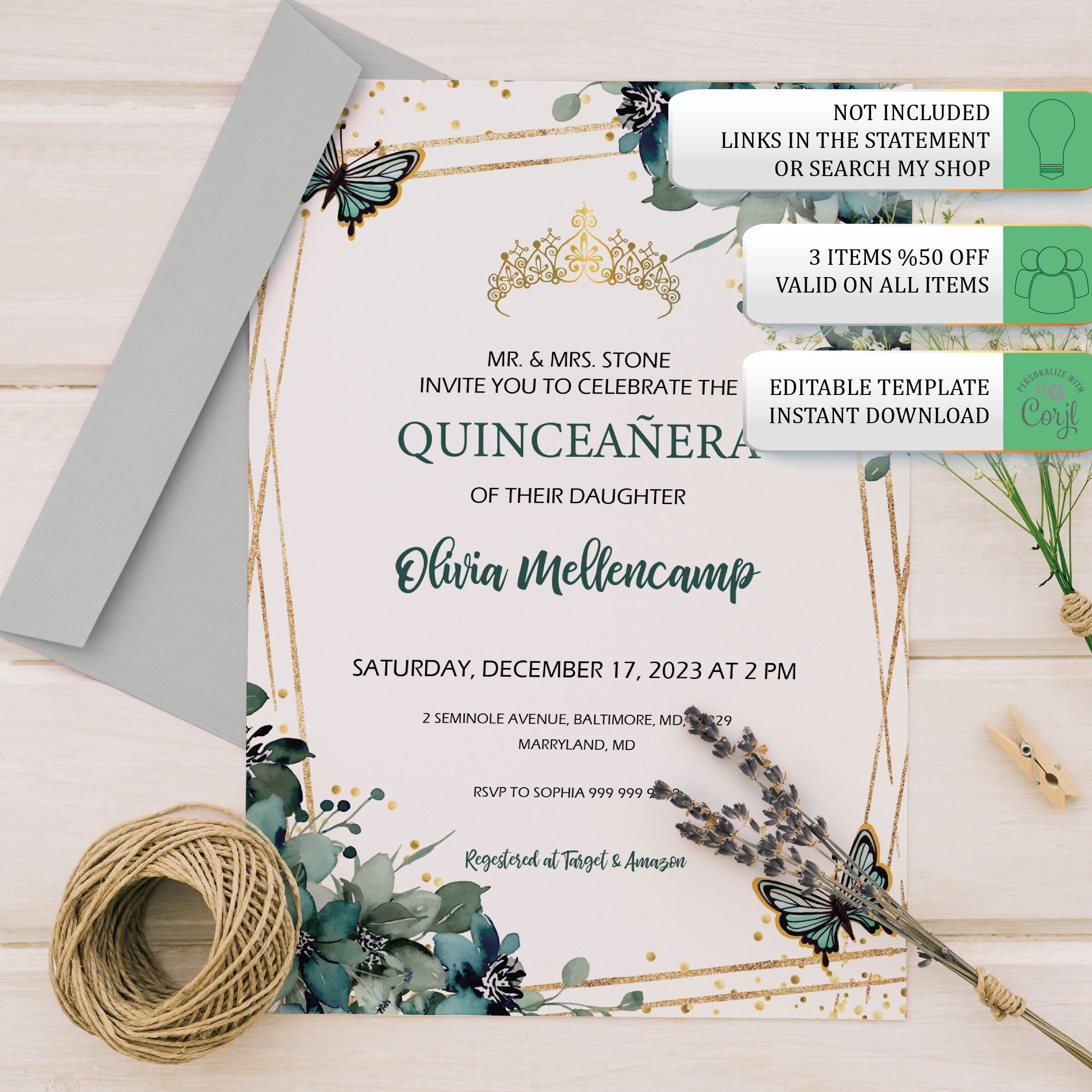 Emerald Green Floral Butterflies Quinceañera Welcome Sign Template, Mis ...