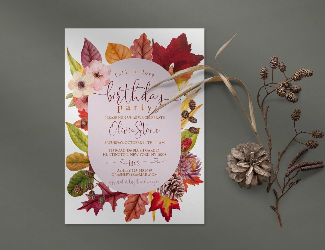 Fall Floral Birthday Party Invitation Template, Autumn Woman's Birthday ...