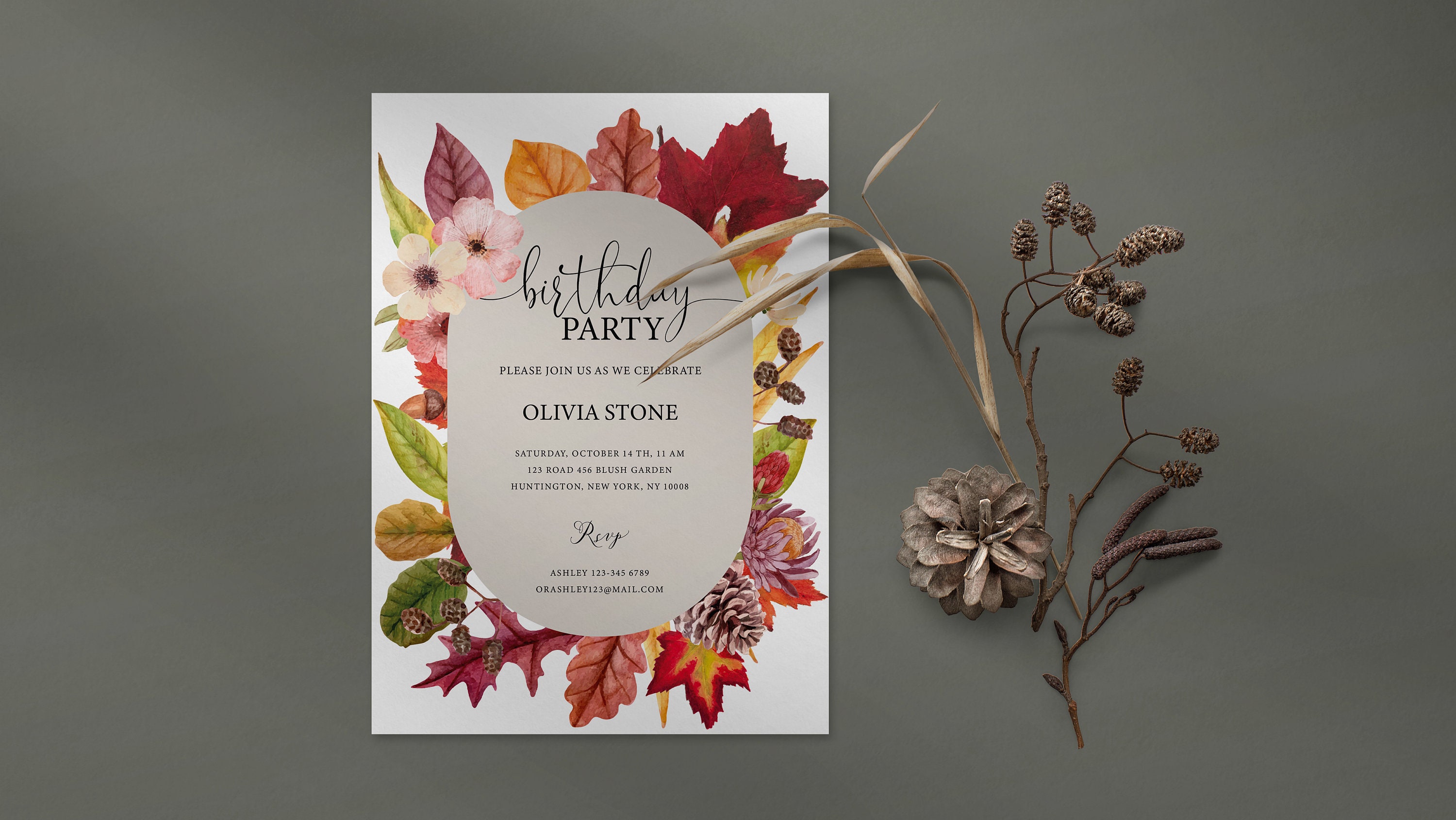 Fall Floral Birthday Party Invitation Template Autumn - Etsy