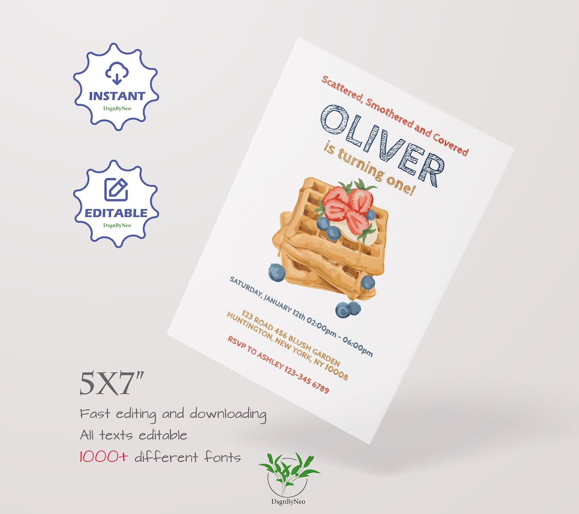 Waffle Birthday Invitation Template, Waffle Birthday Brunch Digital ...