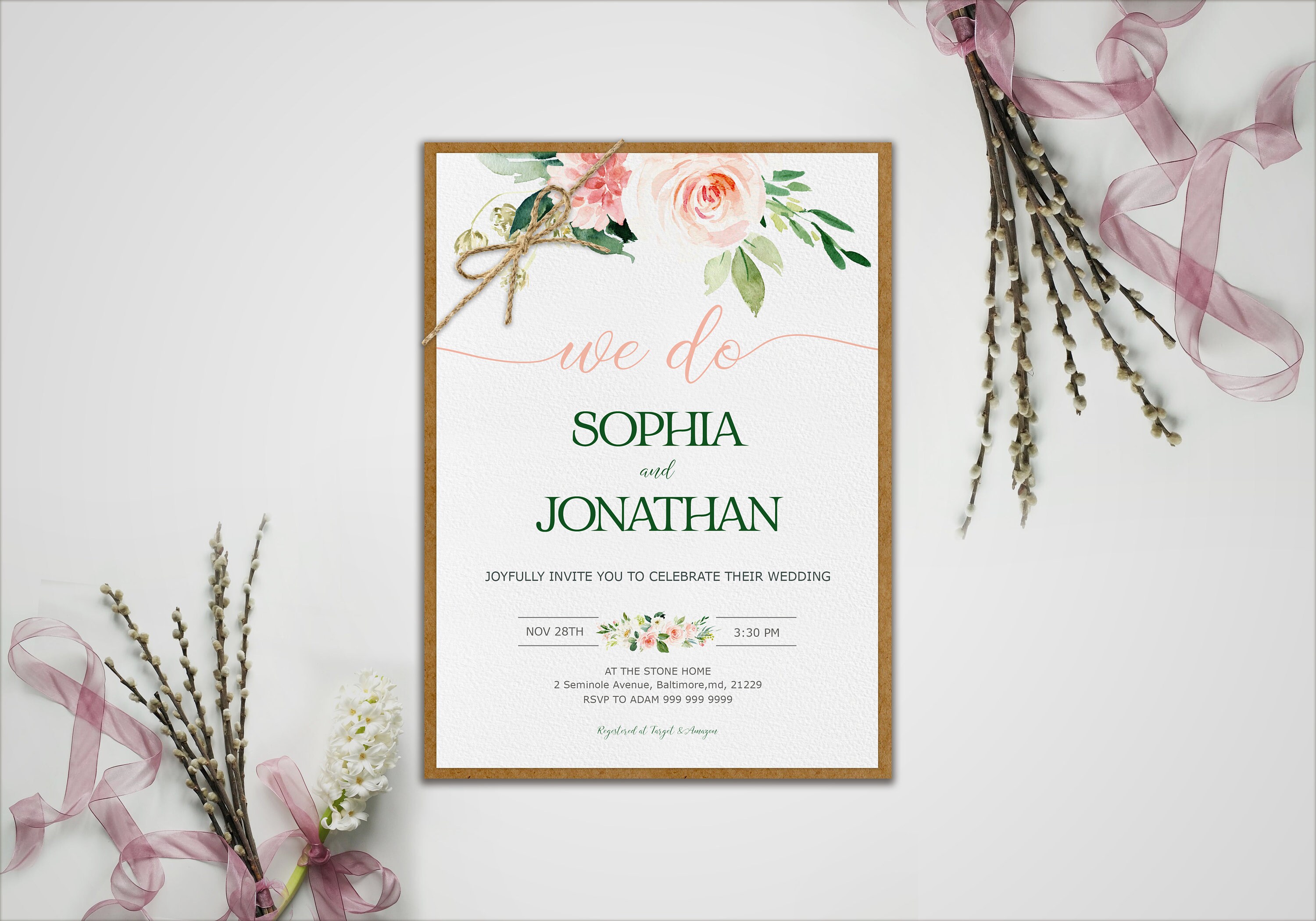 Blush Pink Floral Wedding Invitation Template Printable Etsy