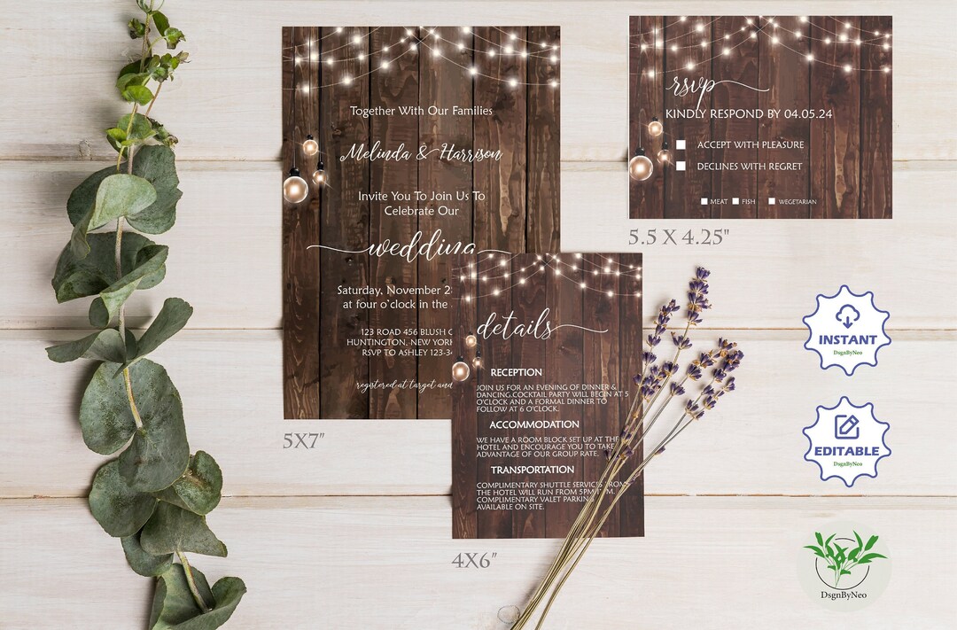 Rustic Wedding Invitation Set Template , Rustic Wood and Mason Lights ...