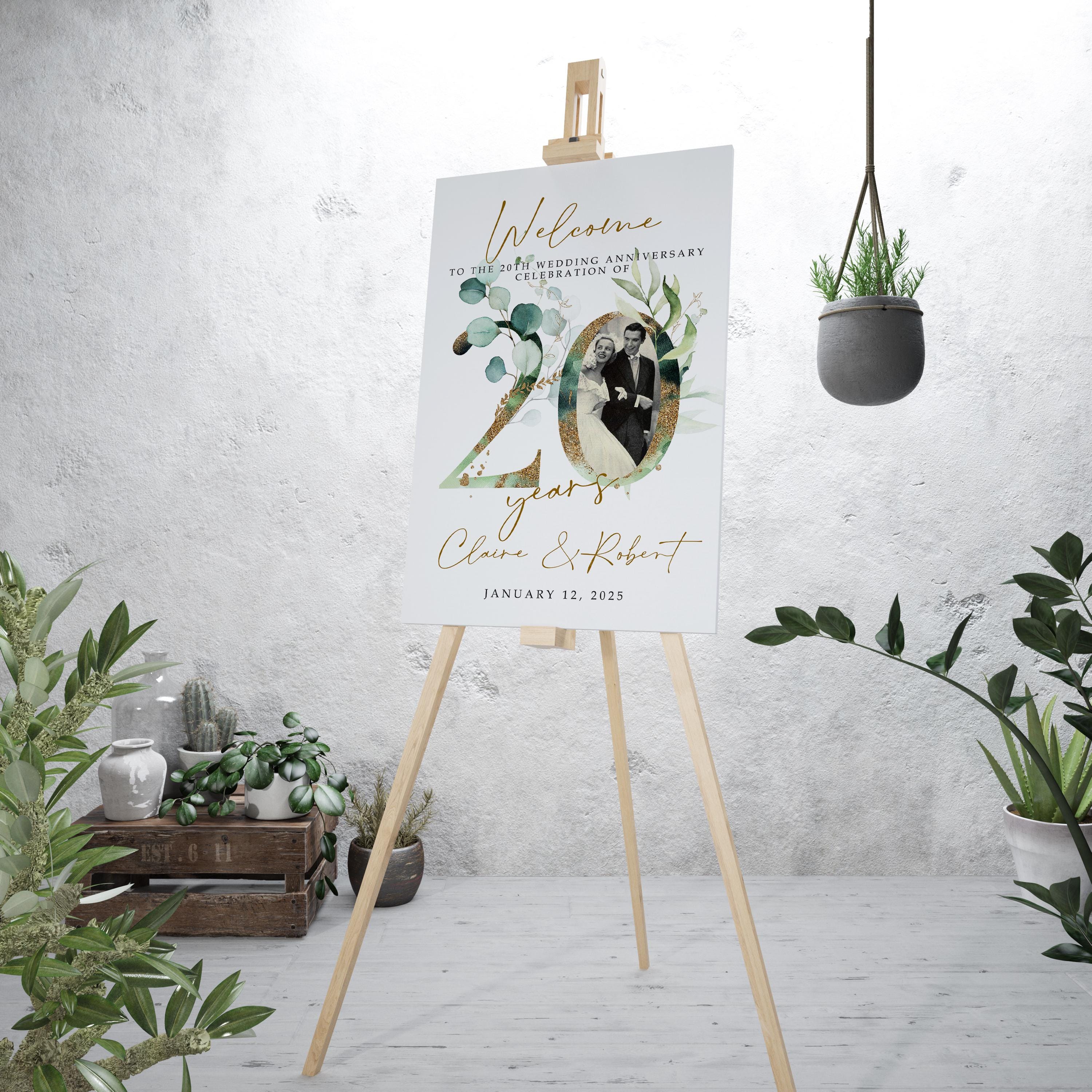 Gold Green Floral 20th Anniversary Welcome Sign Template, Photo Wedding ...
