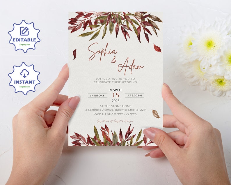 Rustic Fall Boho Wedding Invitation Template Autumn Leaves - Etsy