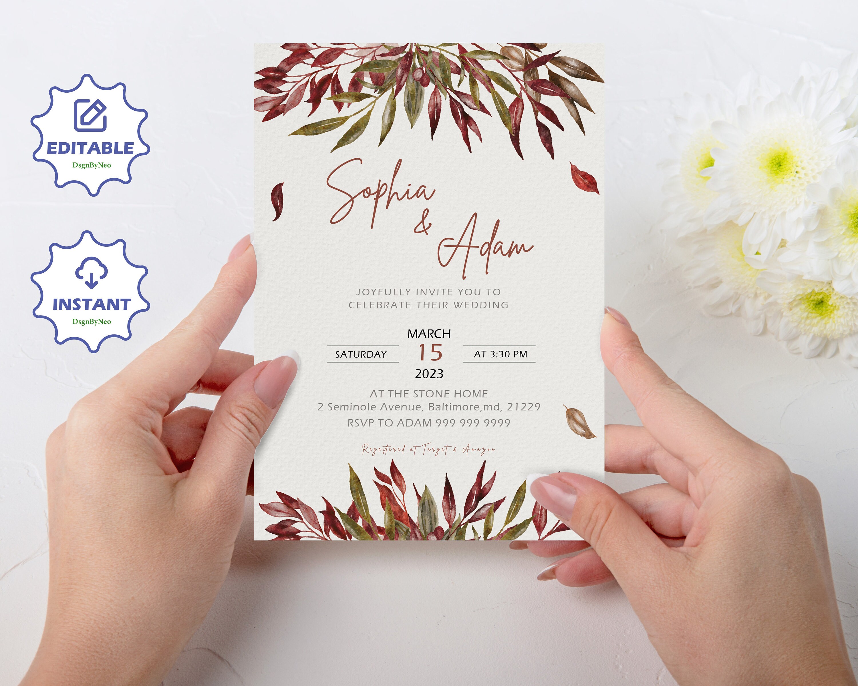 Rustic Fall Boho Wedding Invitation Template Autumn Leaves - Etsy