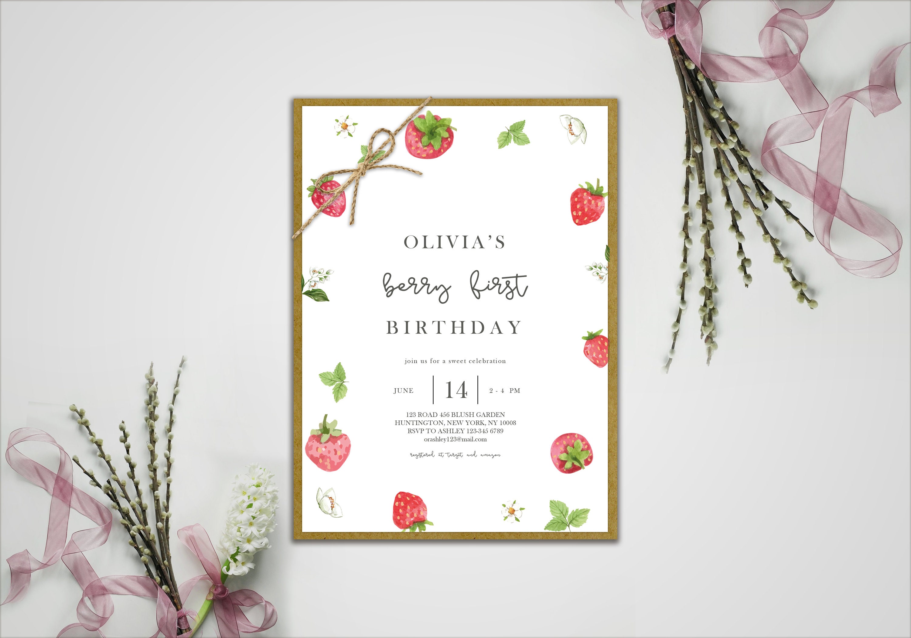 Modern Strawberry Birthday Invitation Template, First Strawberry ...