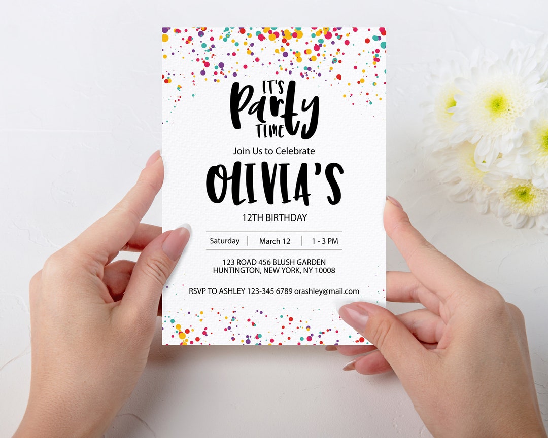 Colorful Confetti Party Invitation Template, It's Party Time, Colorful ...
