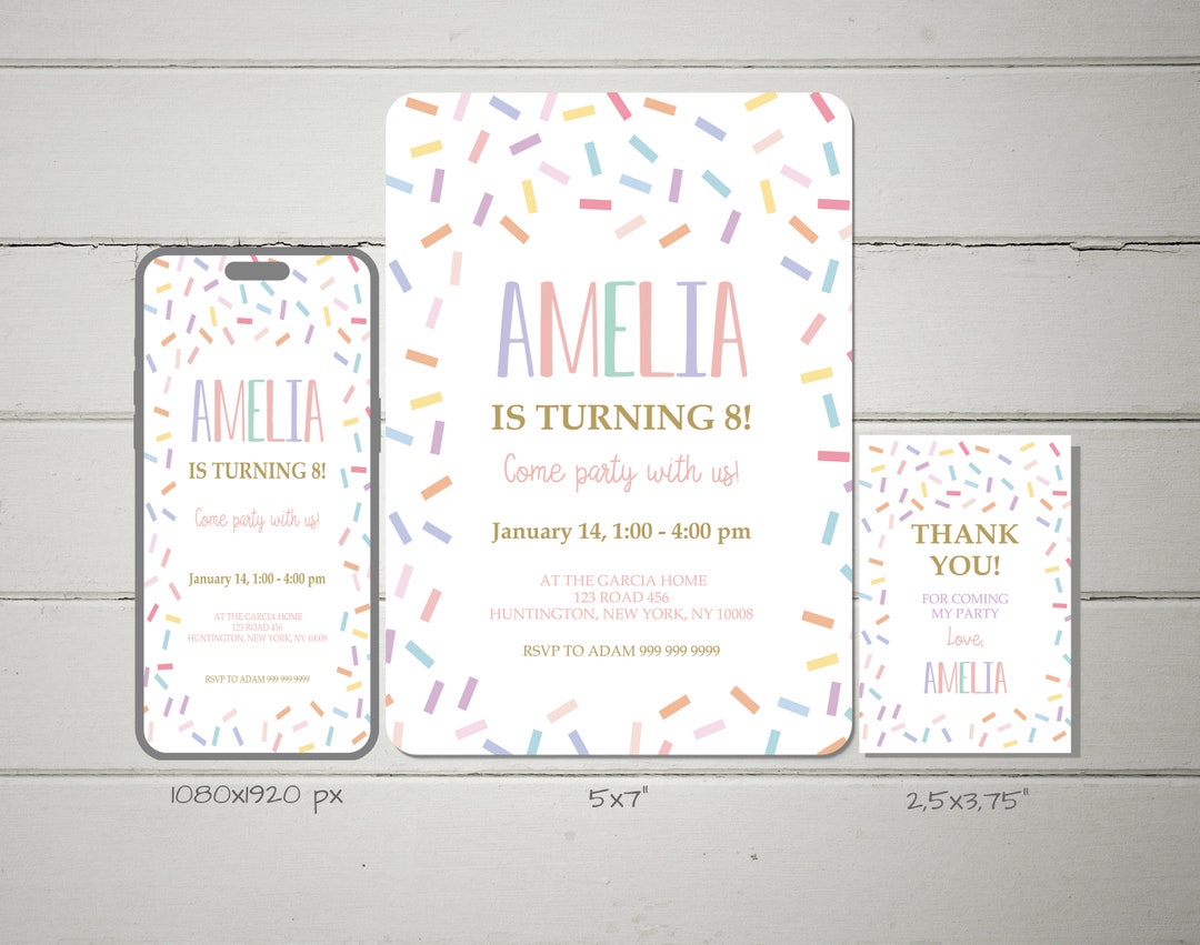 Rainbow Sweets Sprinkles Birthday Party Invitation Set, Confetti Bday ...