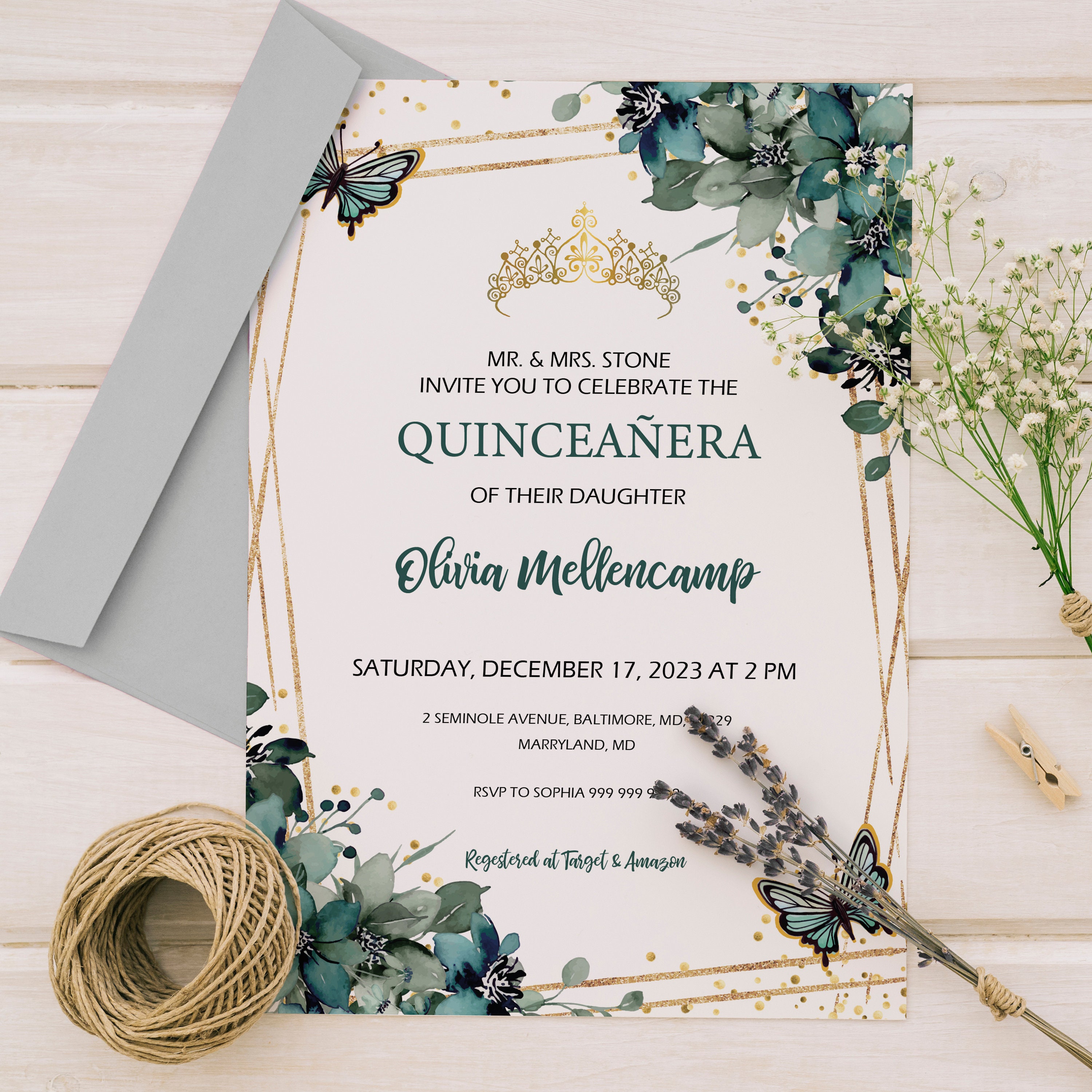 Emerald Green Floral Butterflies Quinceañera Invitation Template, Mis ...