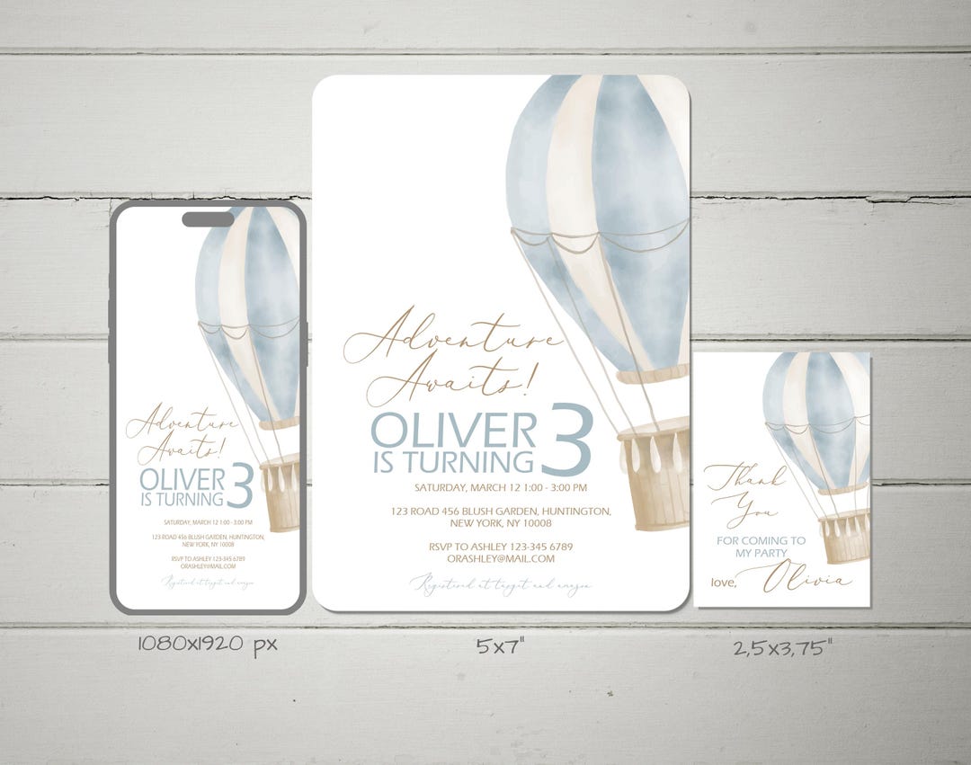 Sage Green Hot Air Balloon Birthday Party Invitation Set, Pastel Bday ...