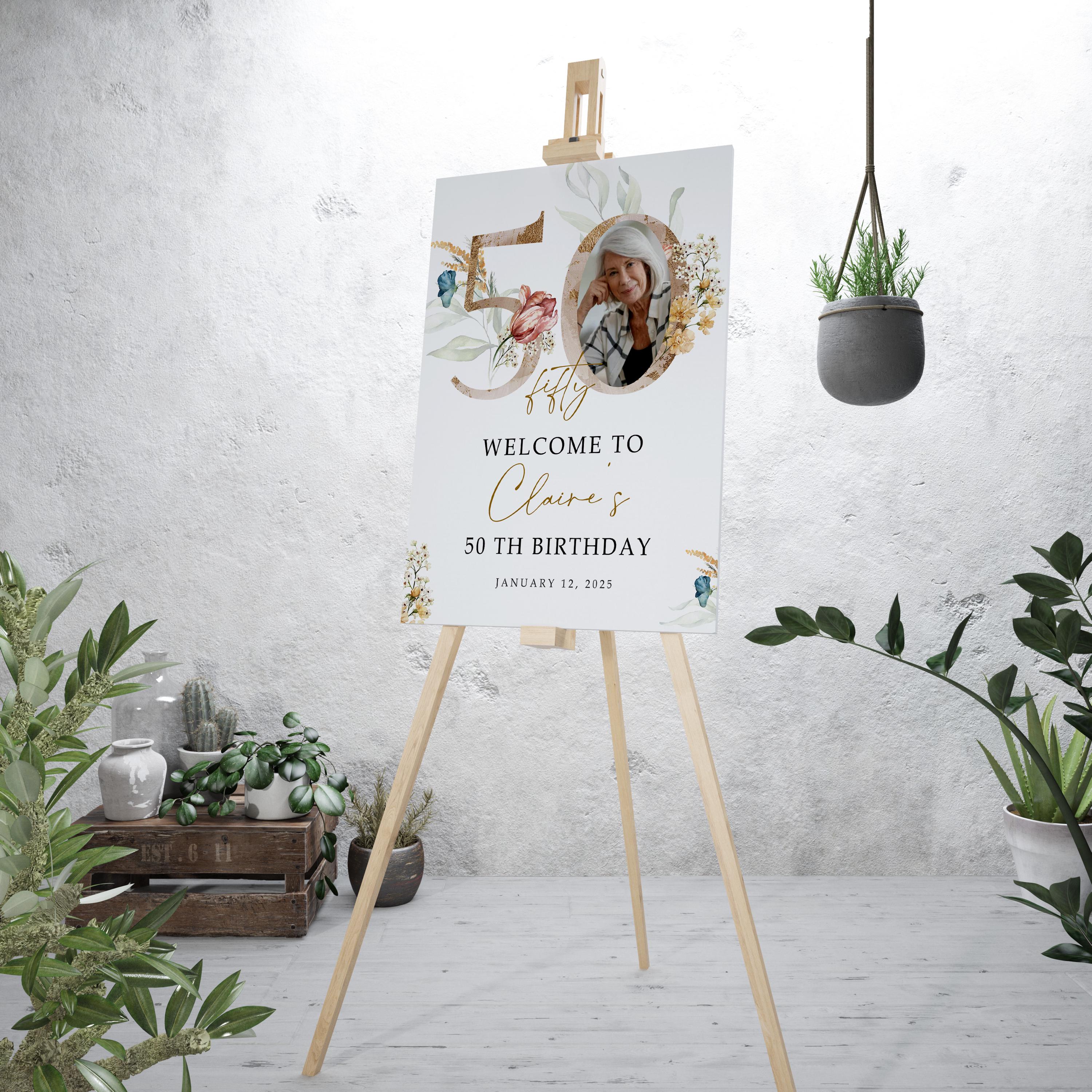 Gold Floral Number 50th Welcome Sign Template, Modern 50th Welcome Sign ...