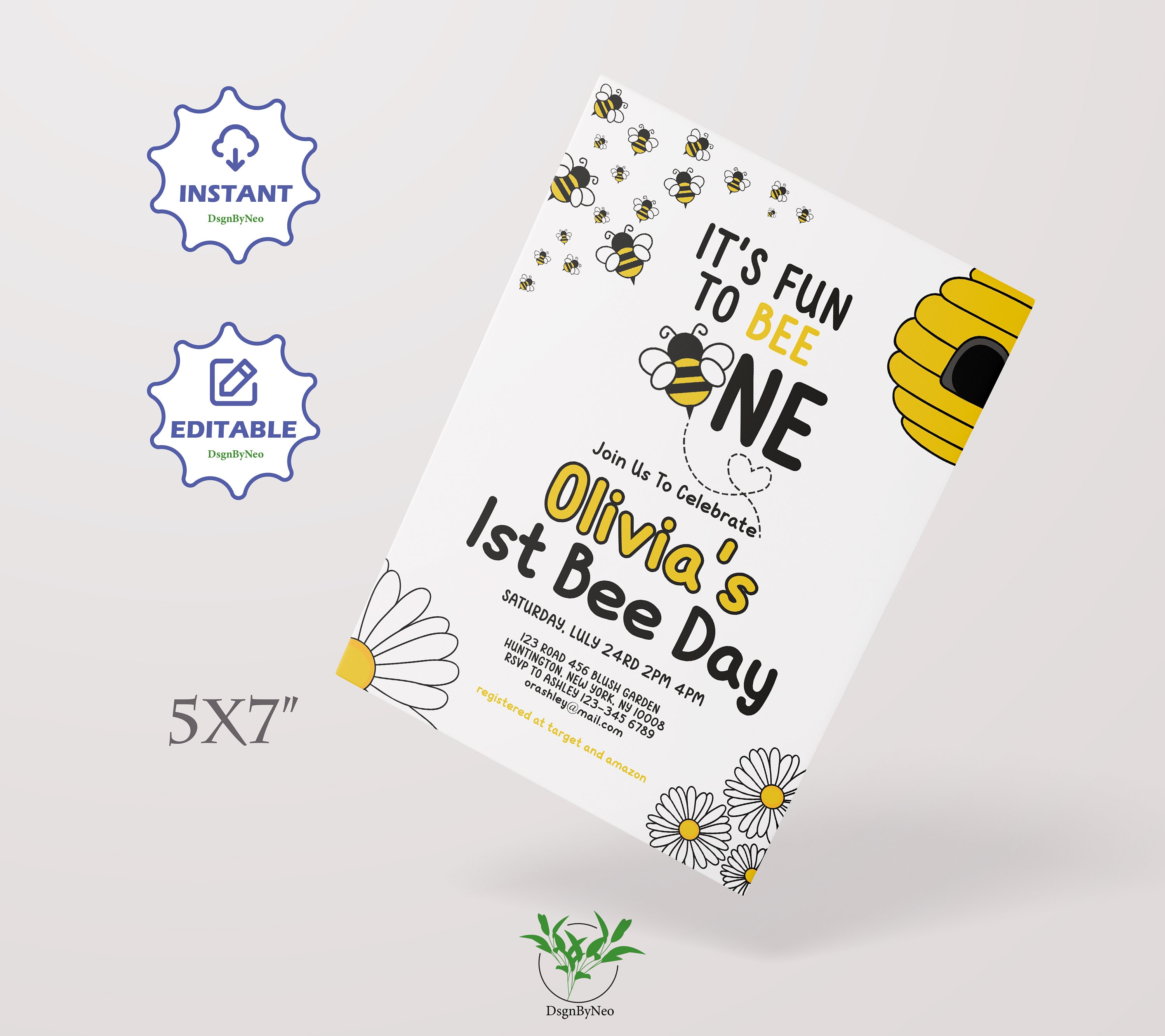 First Birthday Party Invitation Template, Fun to Bee One 1st Bee Day ...