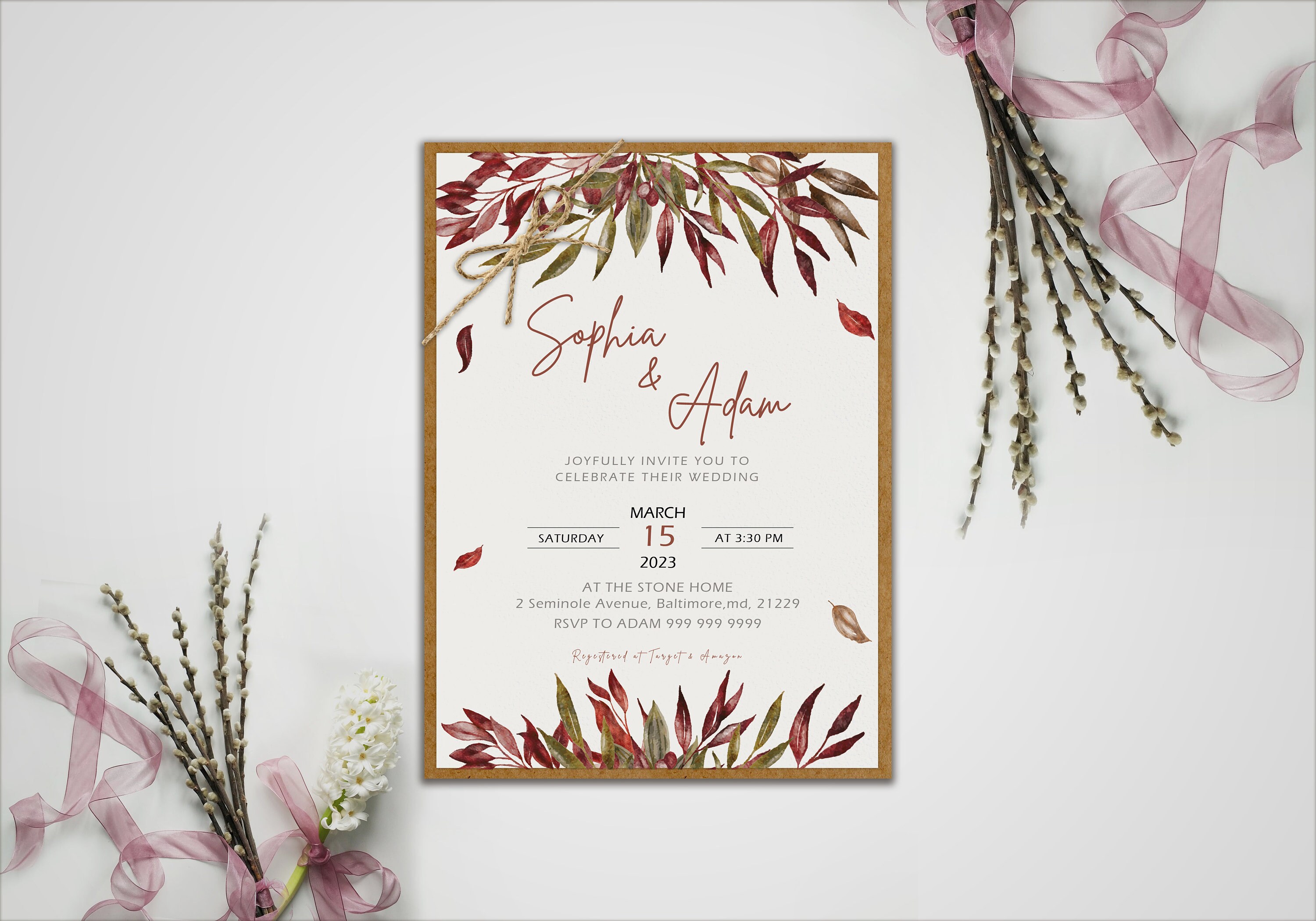 Rustic Fall Boho Wedding Invitation Template Autumn Leaves - Etsy