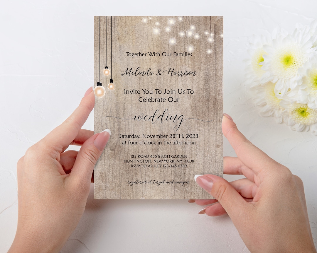 Rustic Wedding Invitation Template , Rustic Wood and Mason Lights ...