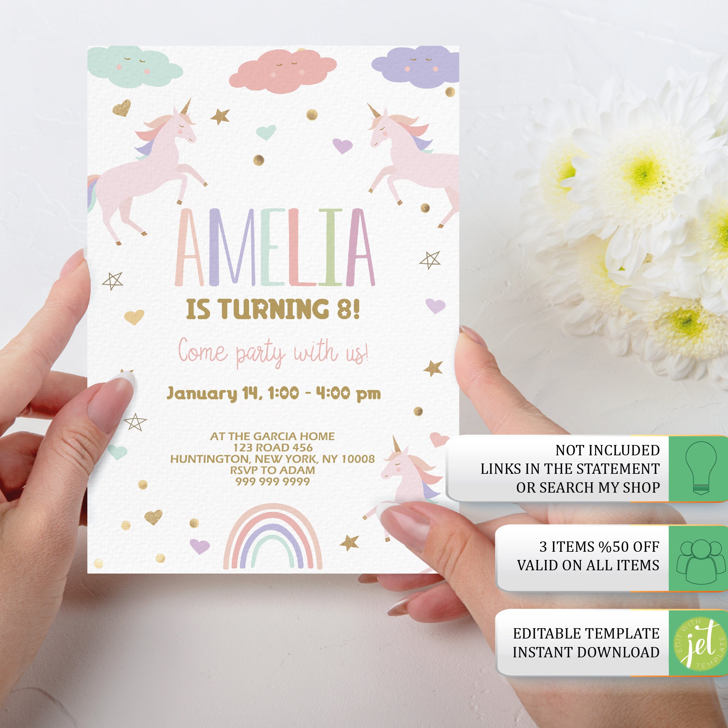 Unicorn Birthday Invitation Template With Photo, Unicorns Rainbows and ...