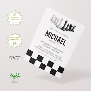 Black and White Chess Birthday Invitation Template, Digital Chess Party ...