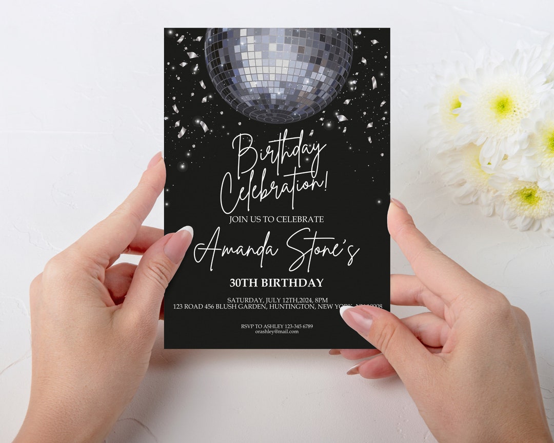 Black White Silver Disco Ball Theme Birthday Invitation Template, Disco ...