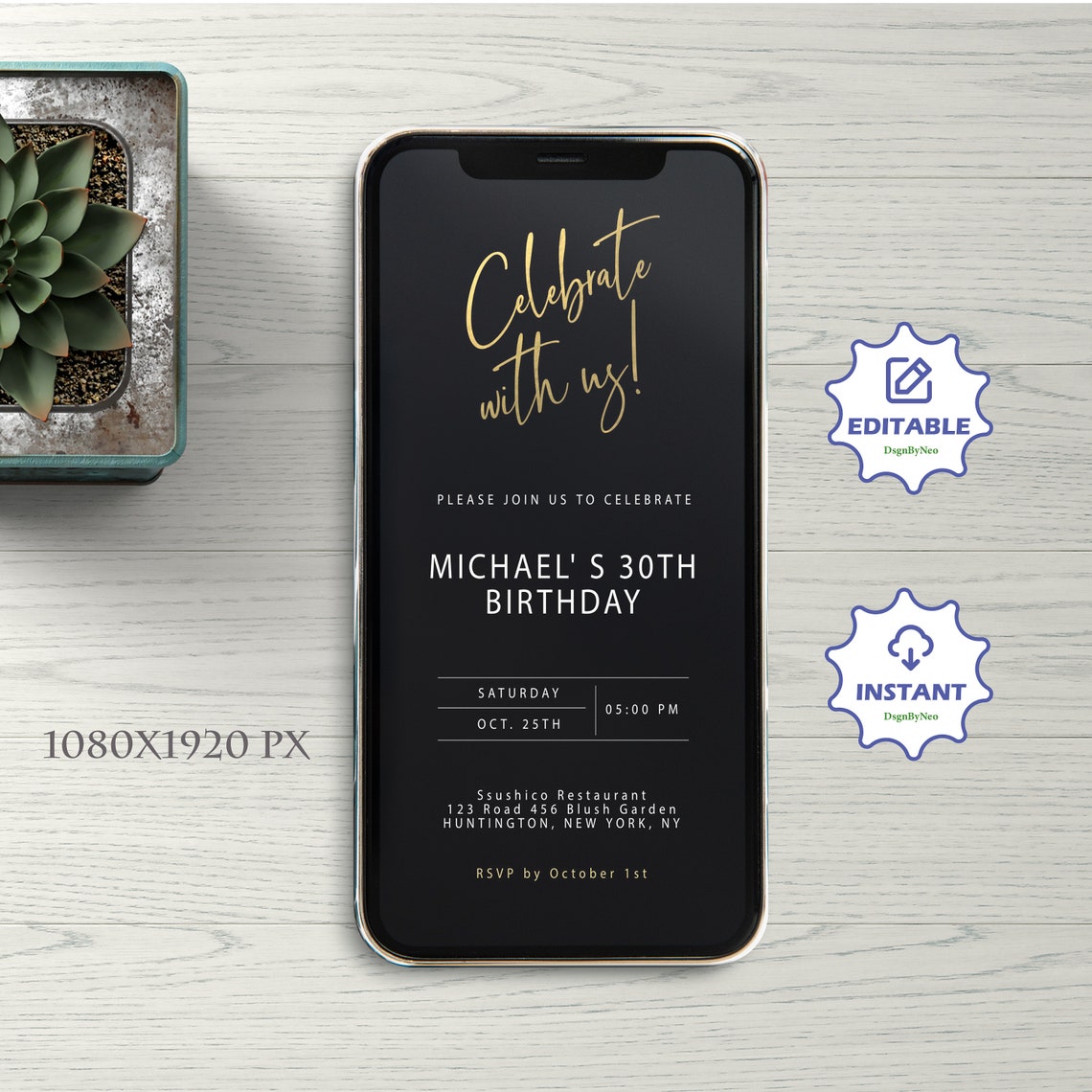 Digital Gold Foil Party Invitation Template, Mobile Invitation, E ...