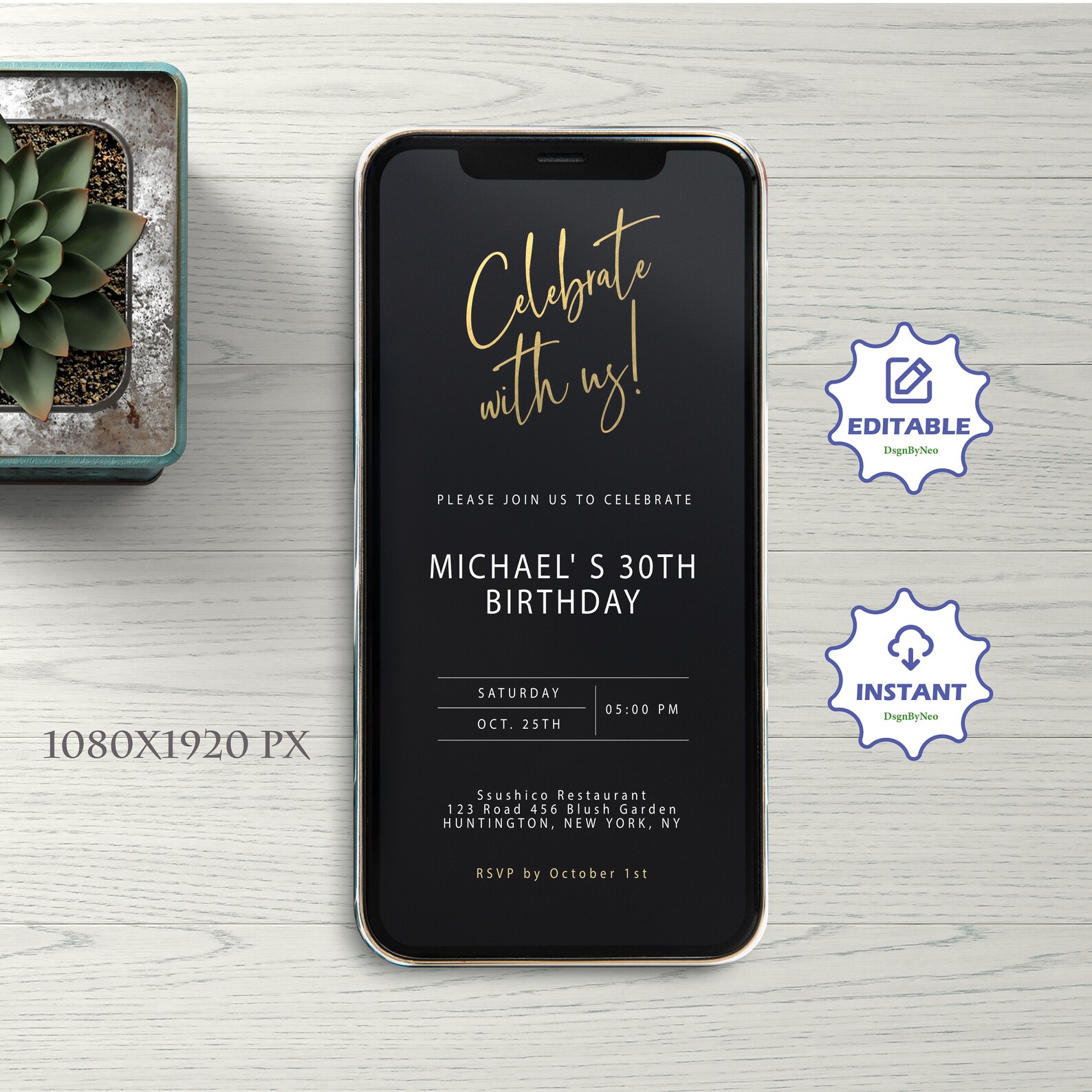 Digital Gold Foil Party Invitation Template, Mobile Invitation, E ...