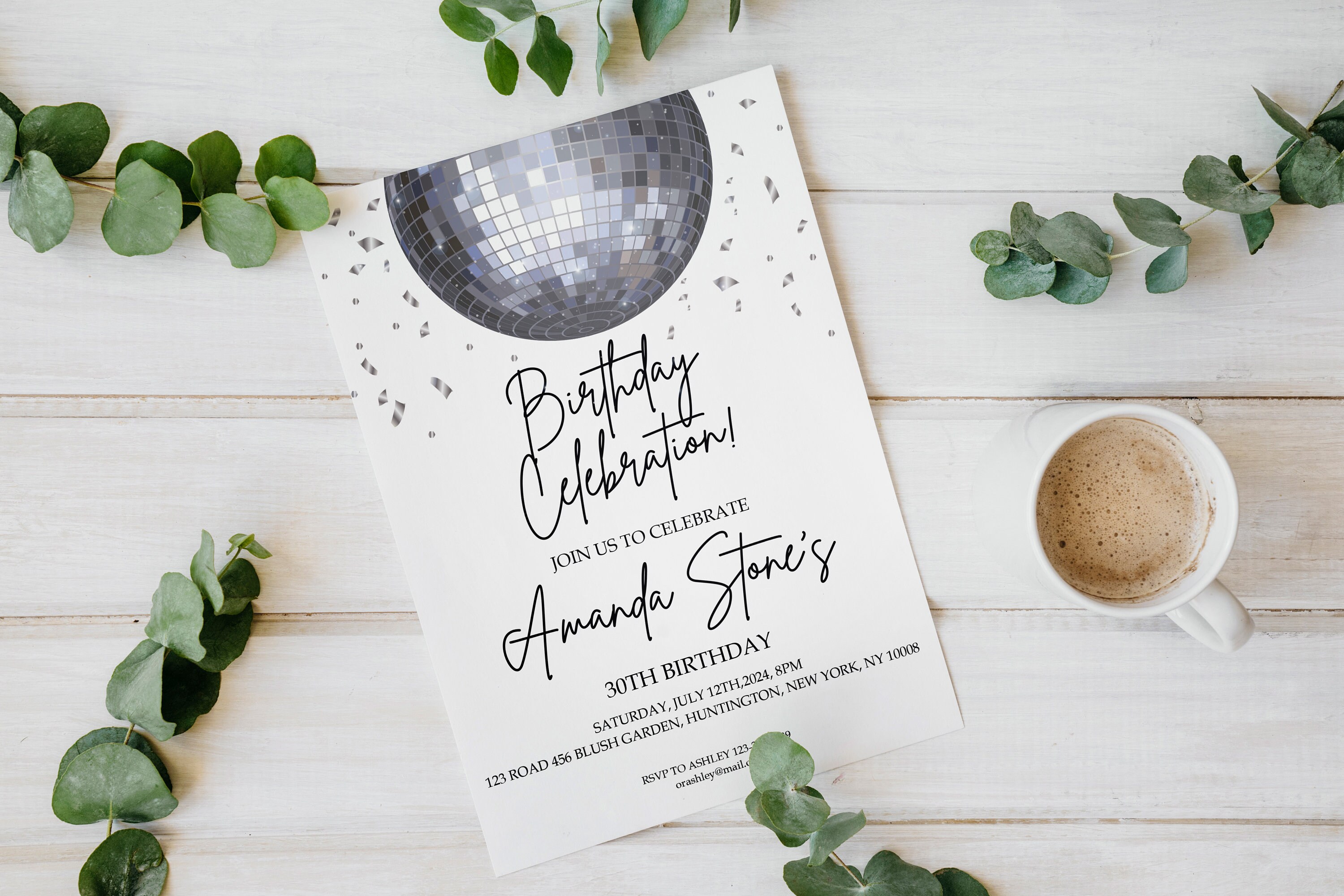 Black White Disco Ball Theme Birthday Invitation Template, Disco Bday ...