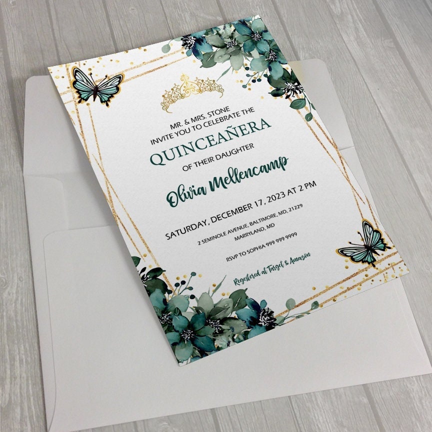Emerald Green Floral Butterflies Quinceañera Invitation Template, Mis ...