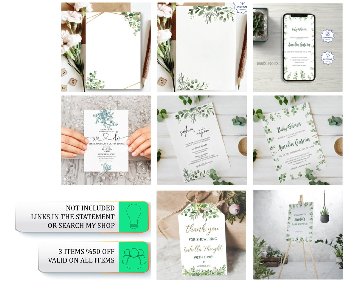 Eucalyptus Greenery Editable Blank Template, Printable Cards, Custom ...