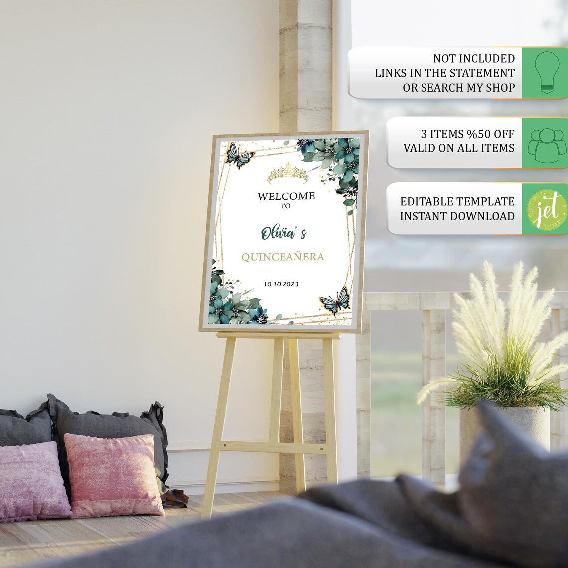 Emerald Green Floral Butterflies Quinceañera Invitation Template, Mis ...