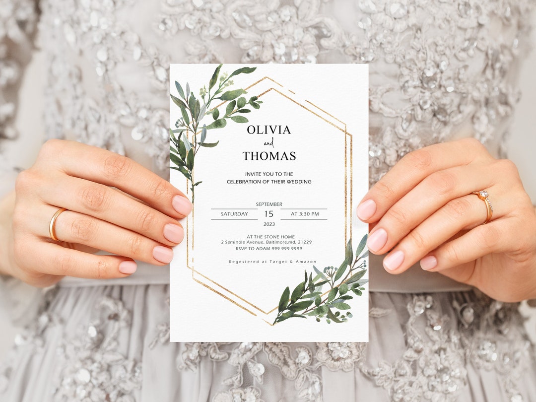 Greenery Geometric Gold Border Wedding Invitation Template, Printable ...