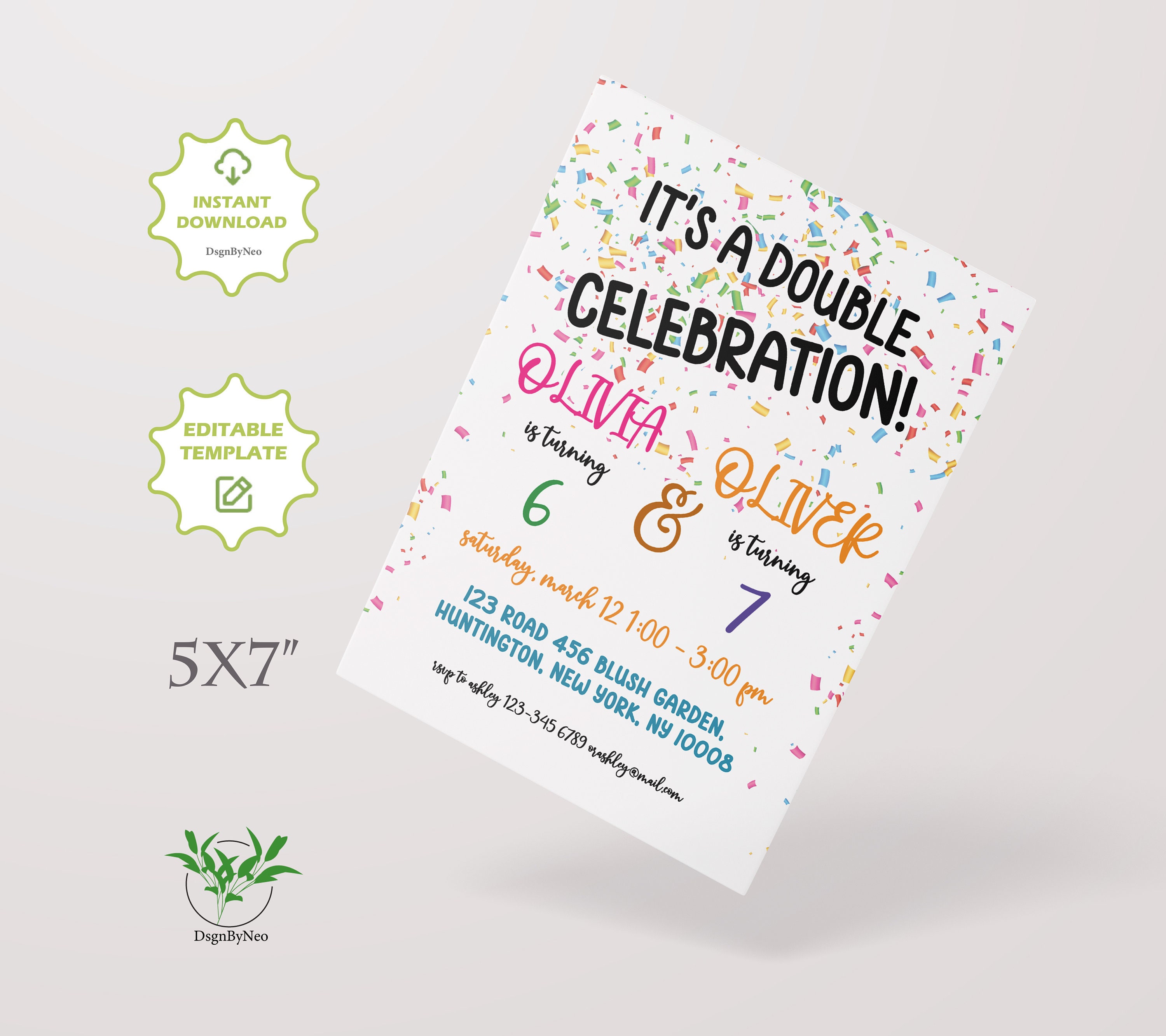 Editable Double Birthday Party Invitation Template, Sibling Birthday ...