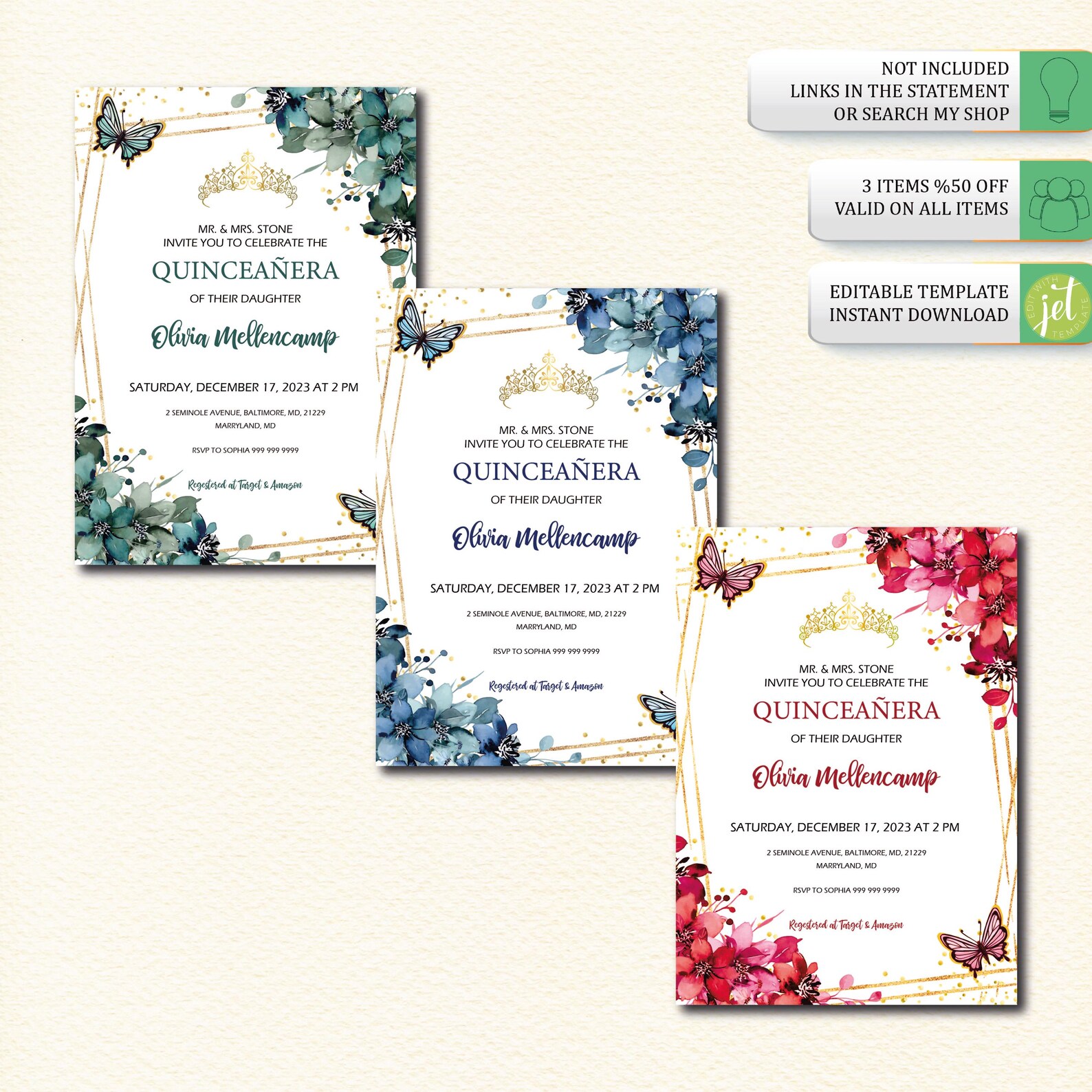 Emerald Green Floral Butterflies Quinceañera Invitation Template, Mis ...