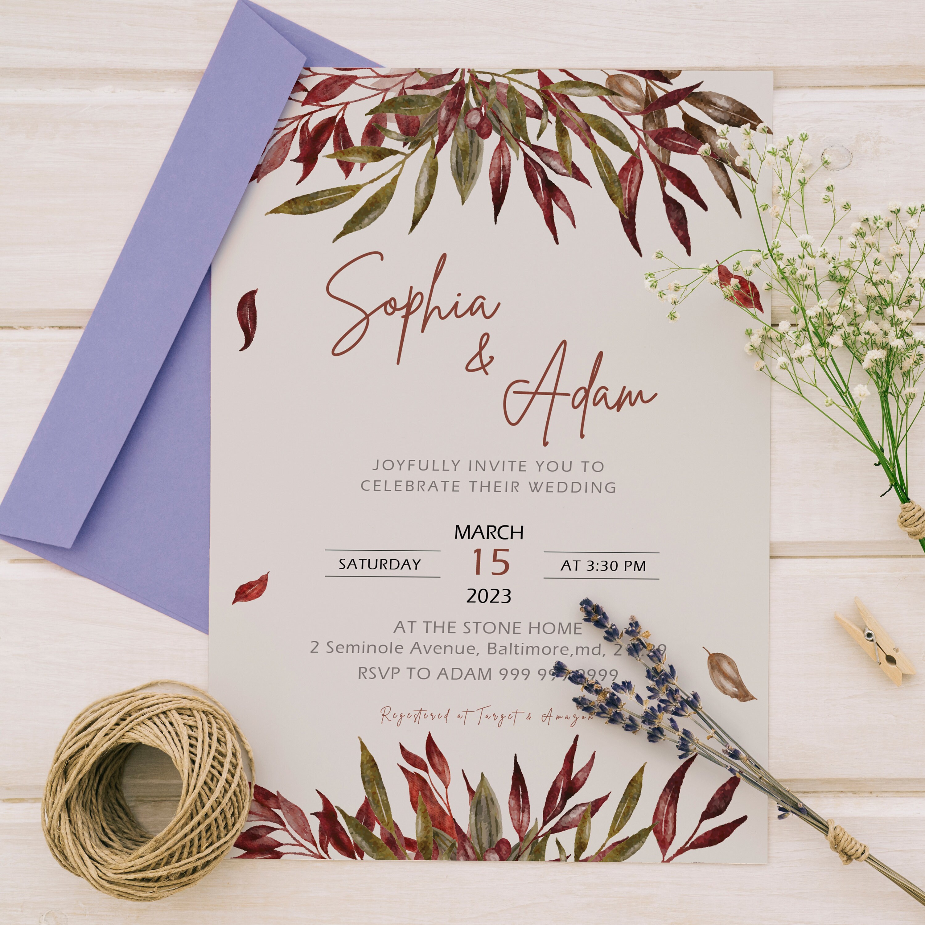 Rustic Fall Boho Wedding Invitation Template Autumn Leaves - Etsy