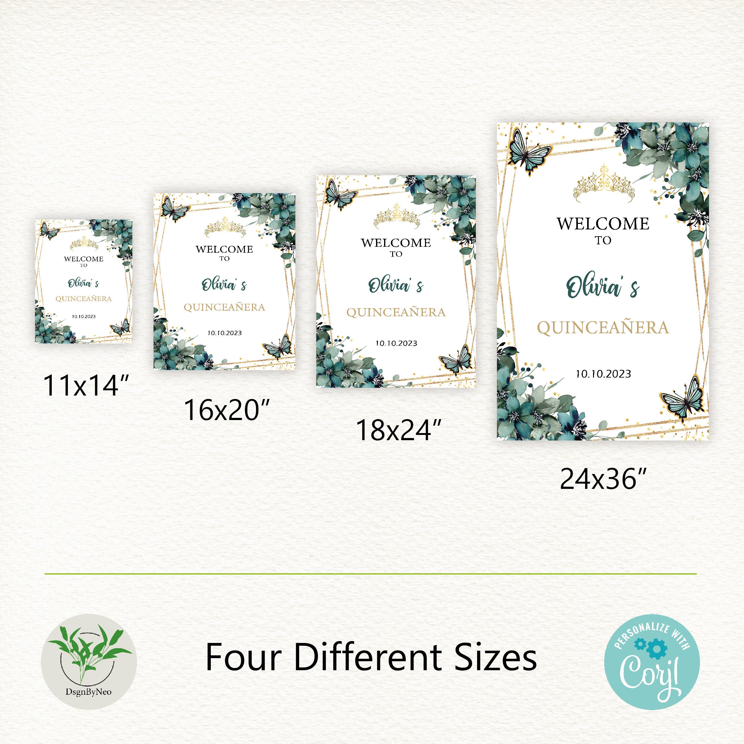 Emerald Green Floral Butterflies Quinceañera Welcome Sign Template, Mis ...