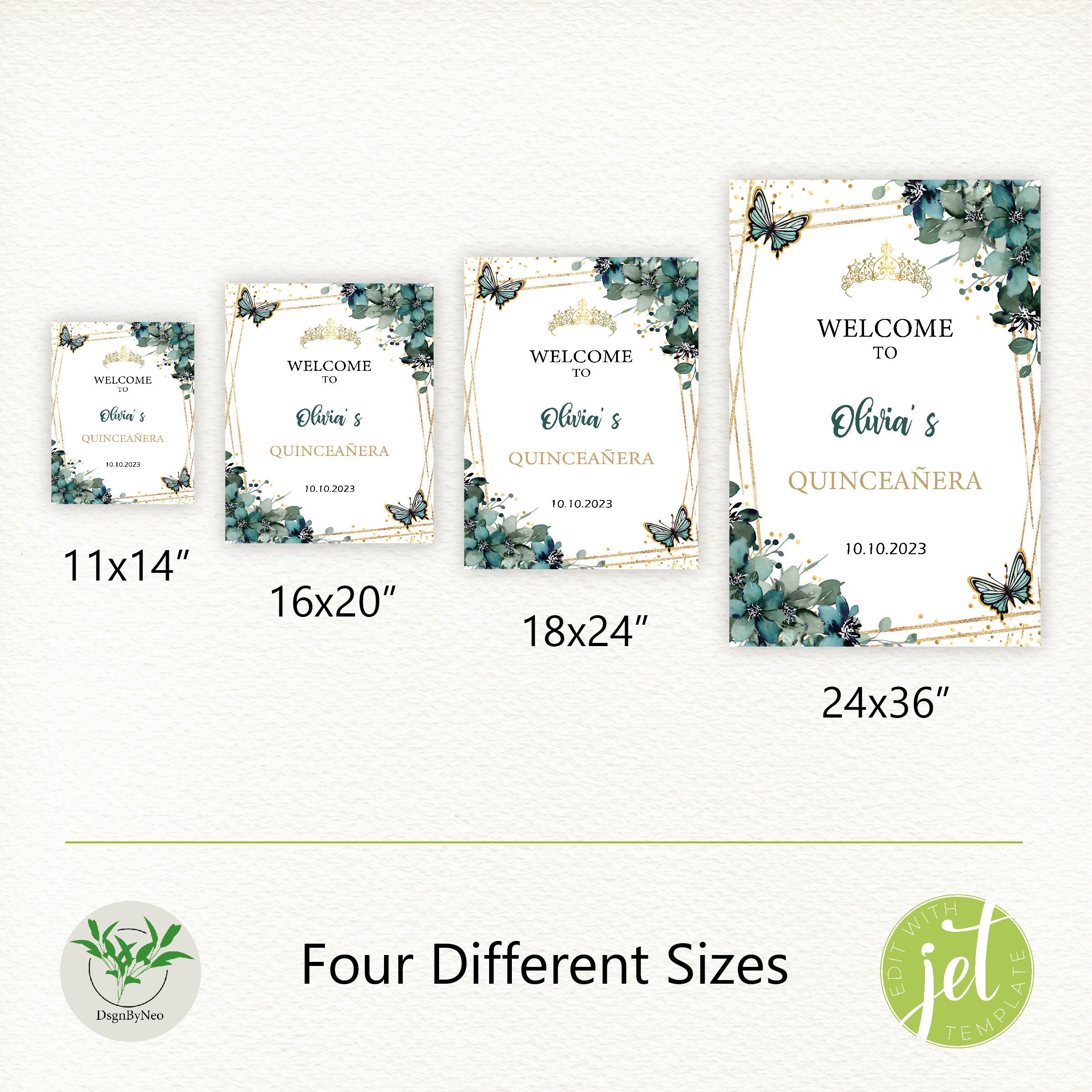 Emerald Green Floral Butterflies Quinceañera Welcome Sign Template, Mis ...