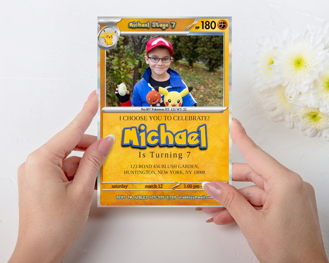 Pokemon Card Birthday Invitation Template, With Photo Pikachu Bday ...