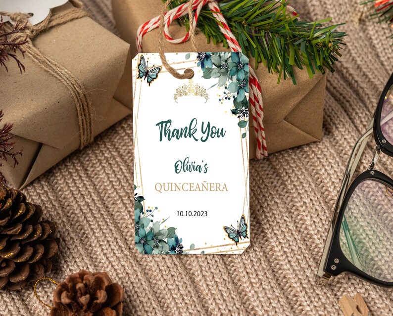 Emerald Green Floral Butterflies Quinceañera Favor Tag Template, Mis ...