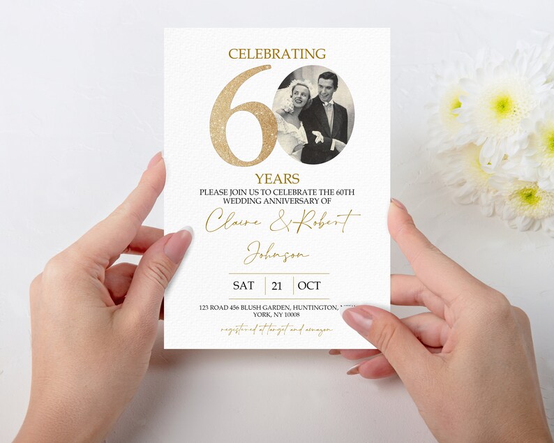 60th Wedding Anniversary Invitation Template, Golden Anniversary Photo ...