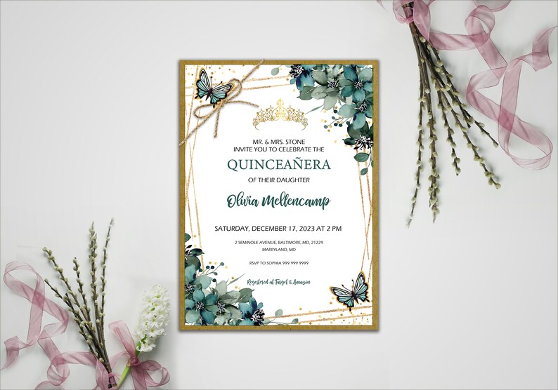 Emerald Green Floral Butterflies Quinceañera Invitation Template, Mis ...