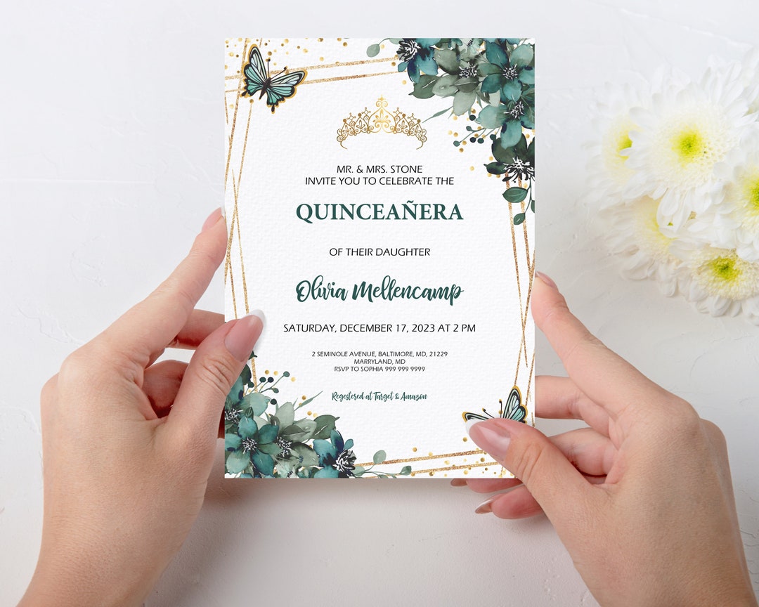 Emerald Green Floral Butterflies Quinceañera Invitation Template, Mis ...
