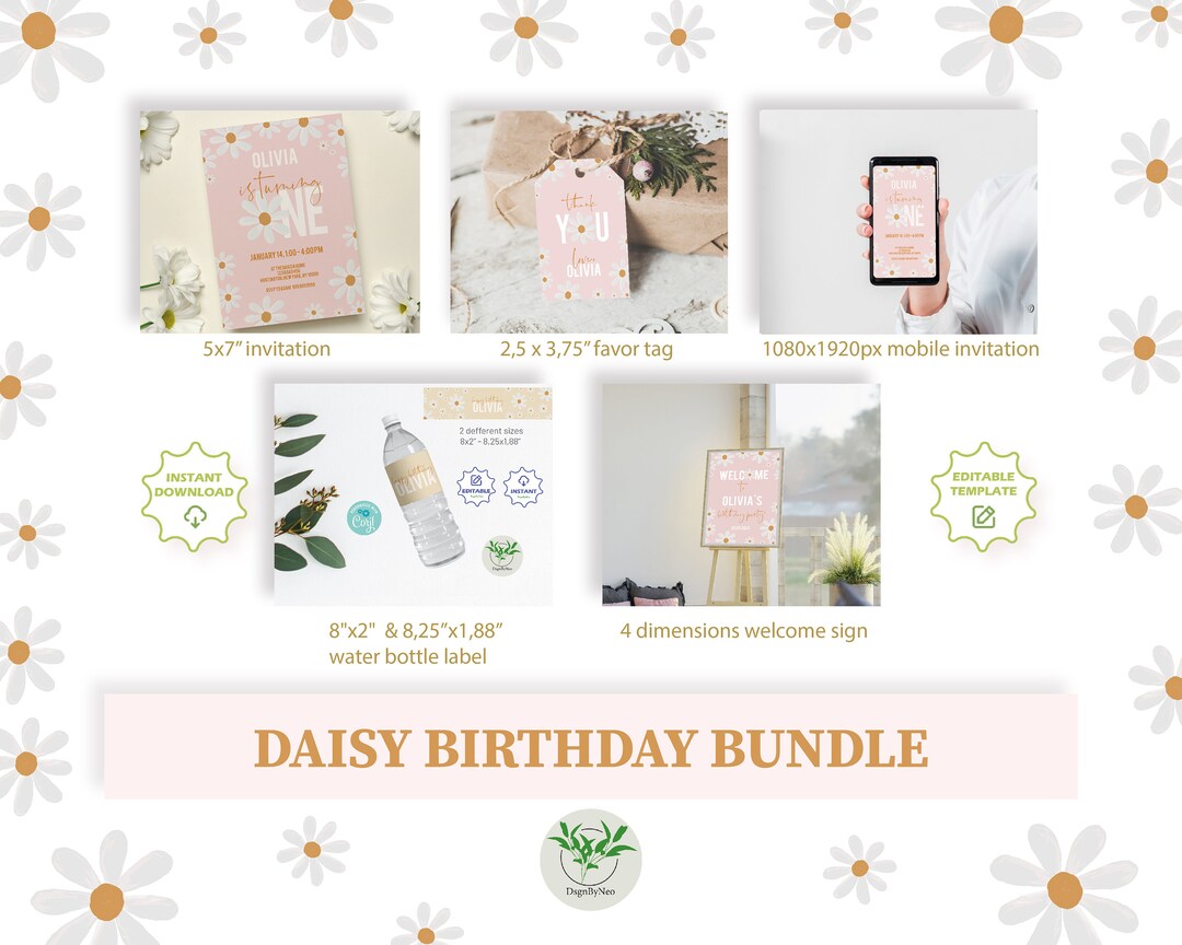 Daisy 1st Birthday Party Set Template, Invitation, Digital Invitation ...