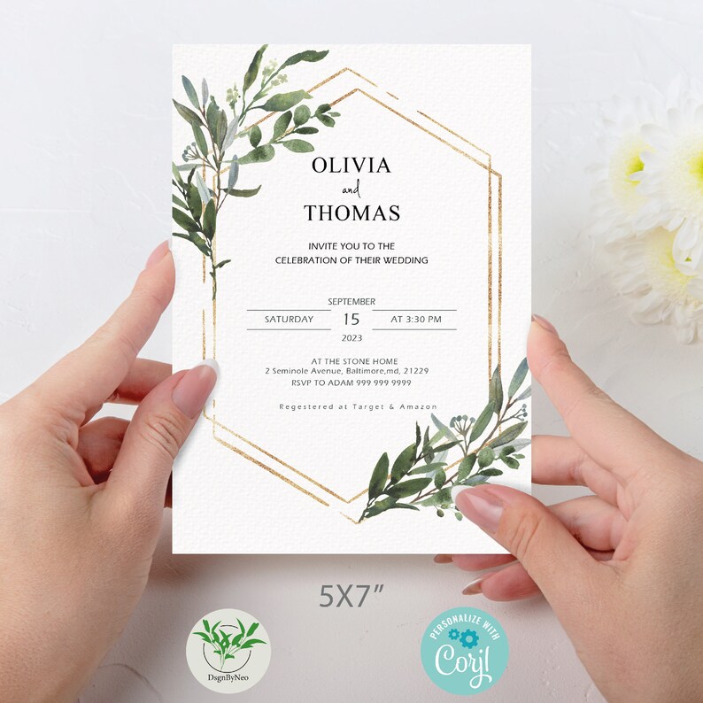 Greenery Geometric Gold Border Wedding Invitation Template - Etsy